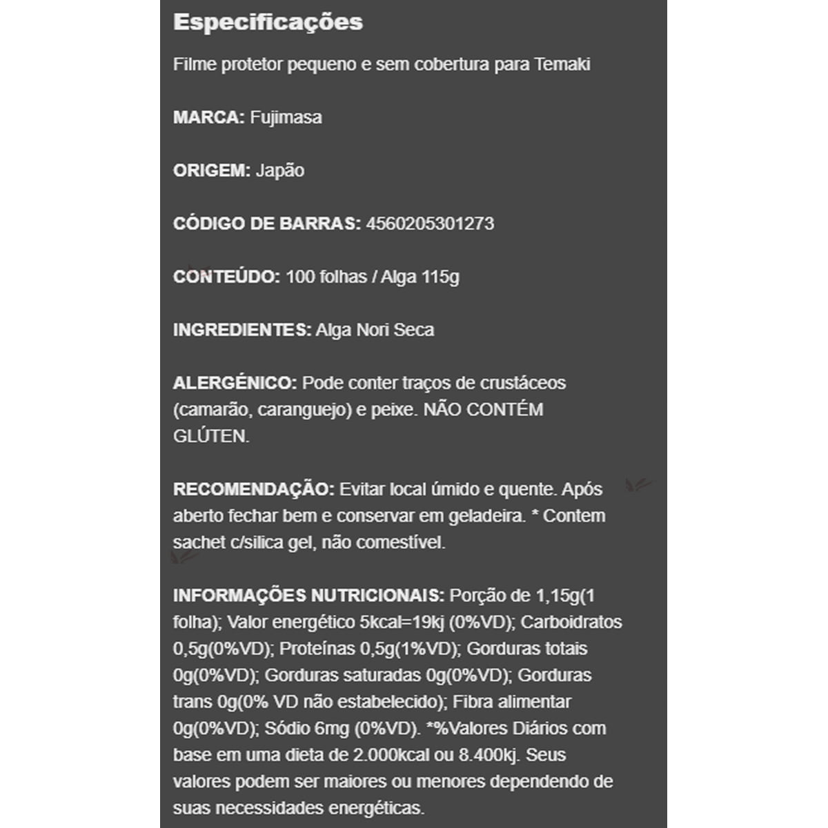 Nori com Película Film para Temaki 100 Folhas 115 gramas - Hachi8